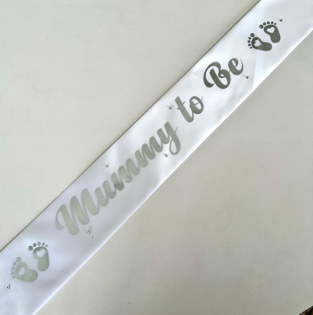 White and Metallic Silver Mummy to Be Sash – Unique Party Supplies NZ